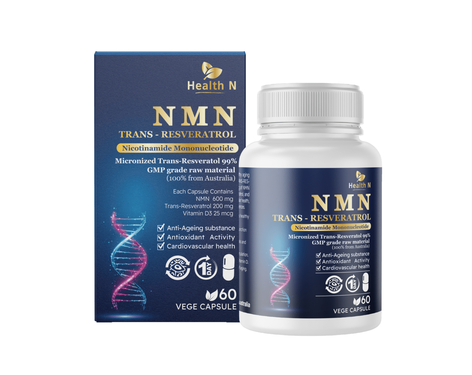 Health N NMN Trans-Resveratrol 60 Capsules - Maxcare Pharma